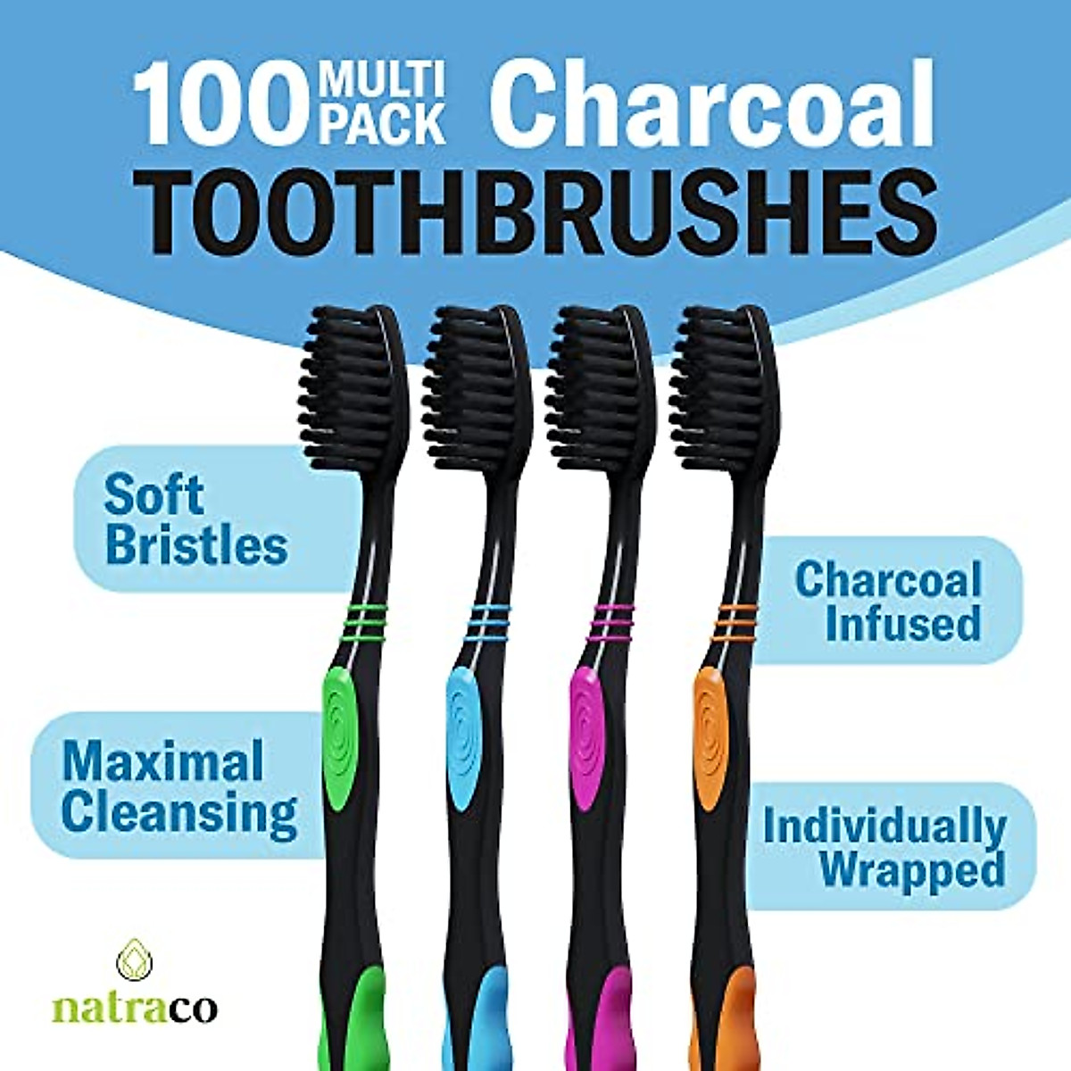 natraco Charcoal Bulk Toothbrushes Individually Wrapped - Deep Clean Charcoal Infused Soft Bristle – Multi Colored Tooth Brush with Covers - for Travel, Kids, Family, Dental Care Etc. 100 Count