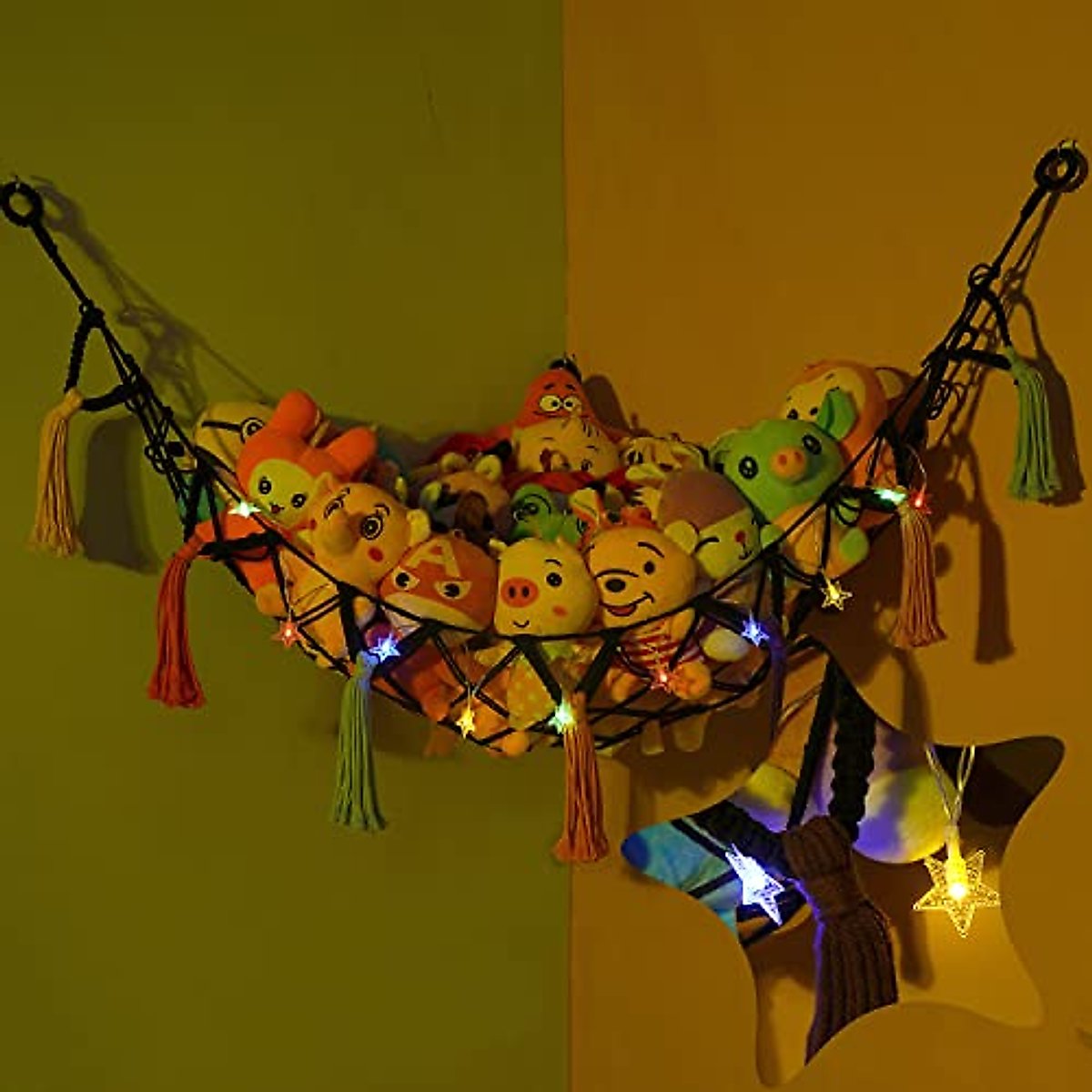 KanYool Stuffed Animal Net or Hammock, Boho Net Hammock for Stuffed Animals with Led Lights Wall Corner Storage Hanging Plush Toy Net with Tassels Teddy Bear Net Black