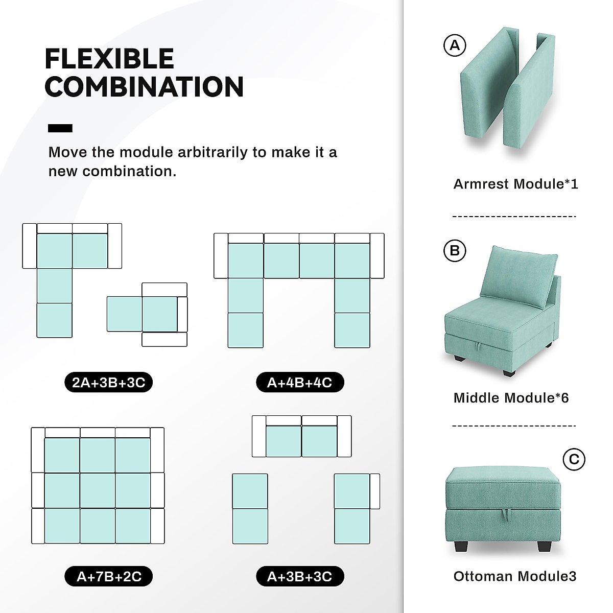 HONBAY Modular Sofa Sectional Sleeper Couch with Ottomans Reversible Sleeper Sectional Sofa Modular Couch with Storage, Aqua Blue