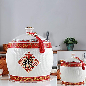 Classic Food Dispensers Ceramic Rice Bucket with Tassel Design, Household Rice Storage Box with Lid, Chinese Sealed Large-Capacity Rice Pot, 4-12.5KG141-441 OZ