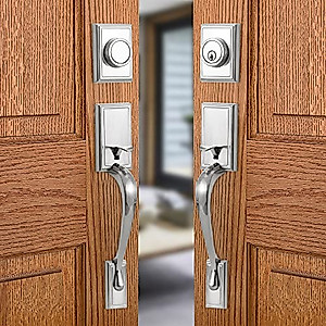 GUA OYH Double Door Handleset for Entryway Satin Nickel Front Door Handle Keyed Dummy Door Lock Set with Handle Lever for Front Door or Office Door, Satin Nickel (for Double Door) (L361516-S-S117)