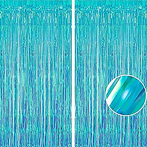 BRAVESHINE Party Decorations Iridescent Foil Fringe Backdrops - 2 Pack 3.2 x 6.5 ft Metallic Tinsel Photo Booth Pros Streamer Curtains for Birthday Wedding Graduation Christmas Holiday - Clear Blue