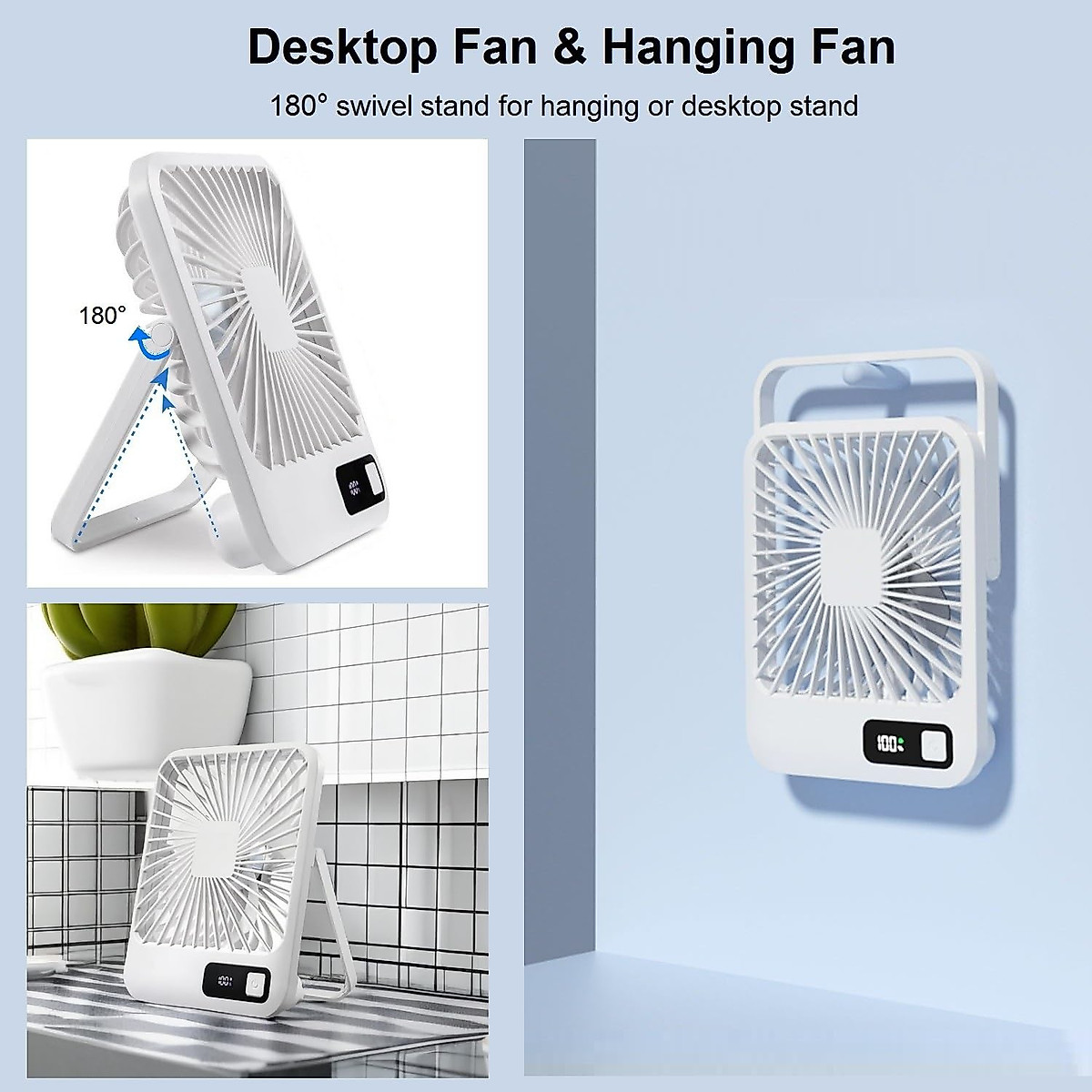 KAMISAFE Desk Fan Battery Operated Fan, USB Rechargeable Desktop Fans Small Quiet 180° Foldable Portable Fan for Office Bedroom Travel Outdoor, 5 Speeds Adjustable, LED Power Display