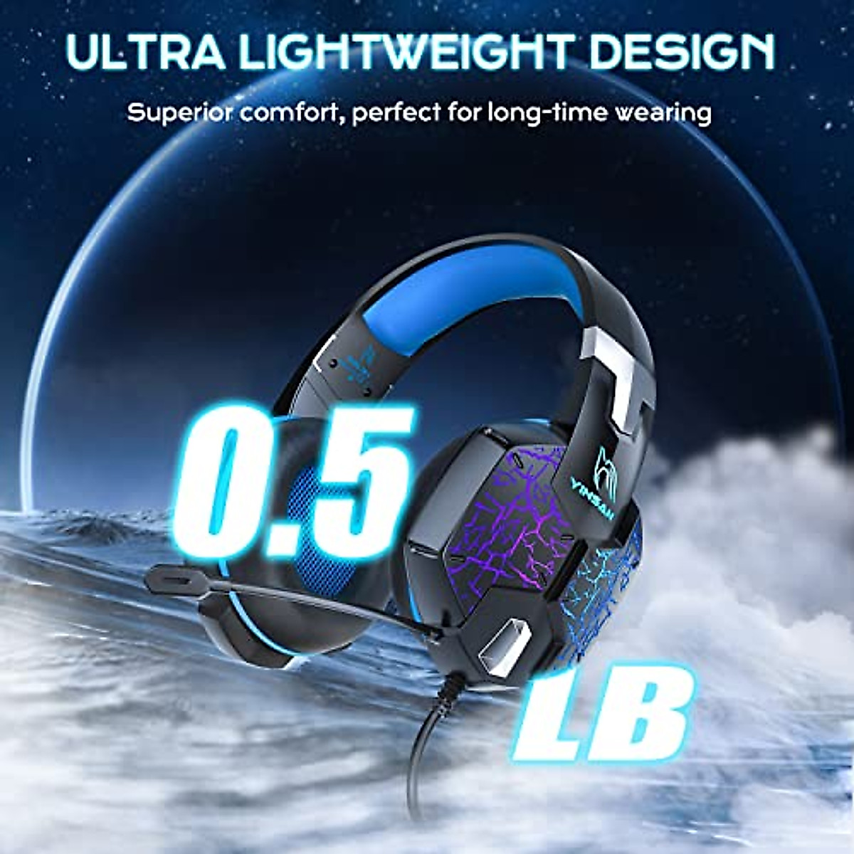 YINSAN Gaming Headset with Mic for PS4 PS5 Xbox Series X|S Nintendo Switch Xbox One PC, Wired Over Ear Gaming Headphones with Surround Sound, Noise-Cancelling, RGB Light, One-Key Mute Button