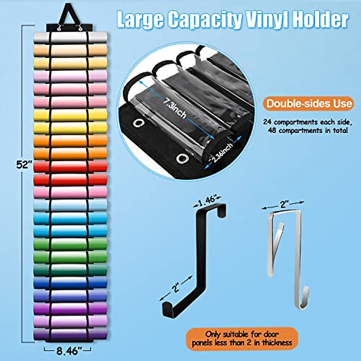 Pamacro Vinyl Roll Holder with 48 Compartments, Premium Vinyl Storage Organizer Rack Wall Mount/Hanging Over The Door, Craft Vinyl Roll Storage with Upgrade Door Hooks and Strap for Craft Room(Black)