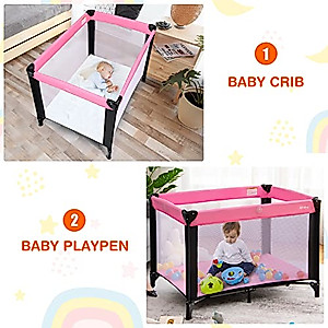 INFANS Pack and Play, Portable Playard with 50pcs Ball Pit Balls Carry Bag, Breathable Mattress, Washable Sheet Cover, Easy Folding Baby Crib Playpen Activity Center (Pink)