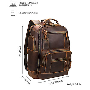LANNSYNE Men's Vintage Full Grain Leather 15.6 Inch Laptop Backpack Camping Travel 24L Rucksack