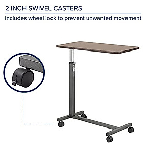 Drive Medical 13067 Adjustable Non Tilt Top Overbed Table With Wheels for Hospital and Home Use, Standing Desk, Silver Vein