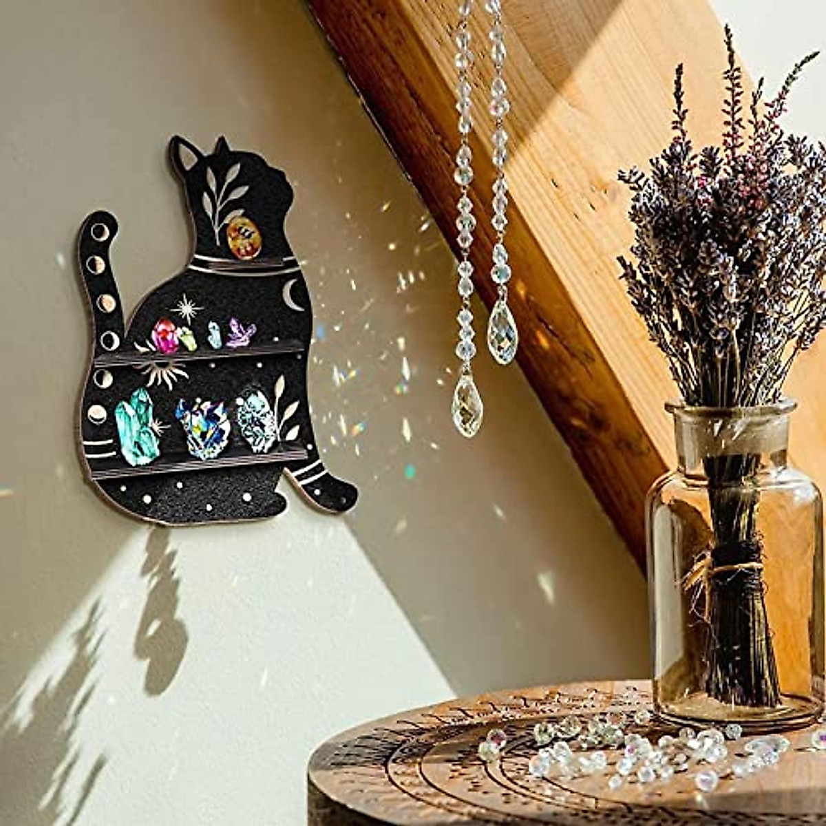 Migno Cat Moon Shelf,Rustic Wooden Black Cat Display Shelf | Wall Mounted Crystal Display Shelf Decorative Crystal Organizer for Living Room Yoga Room