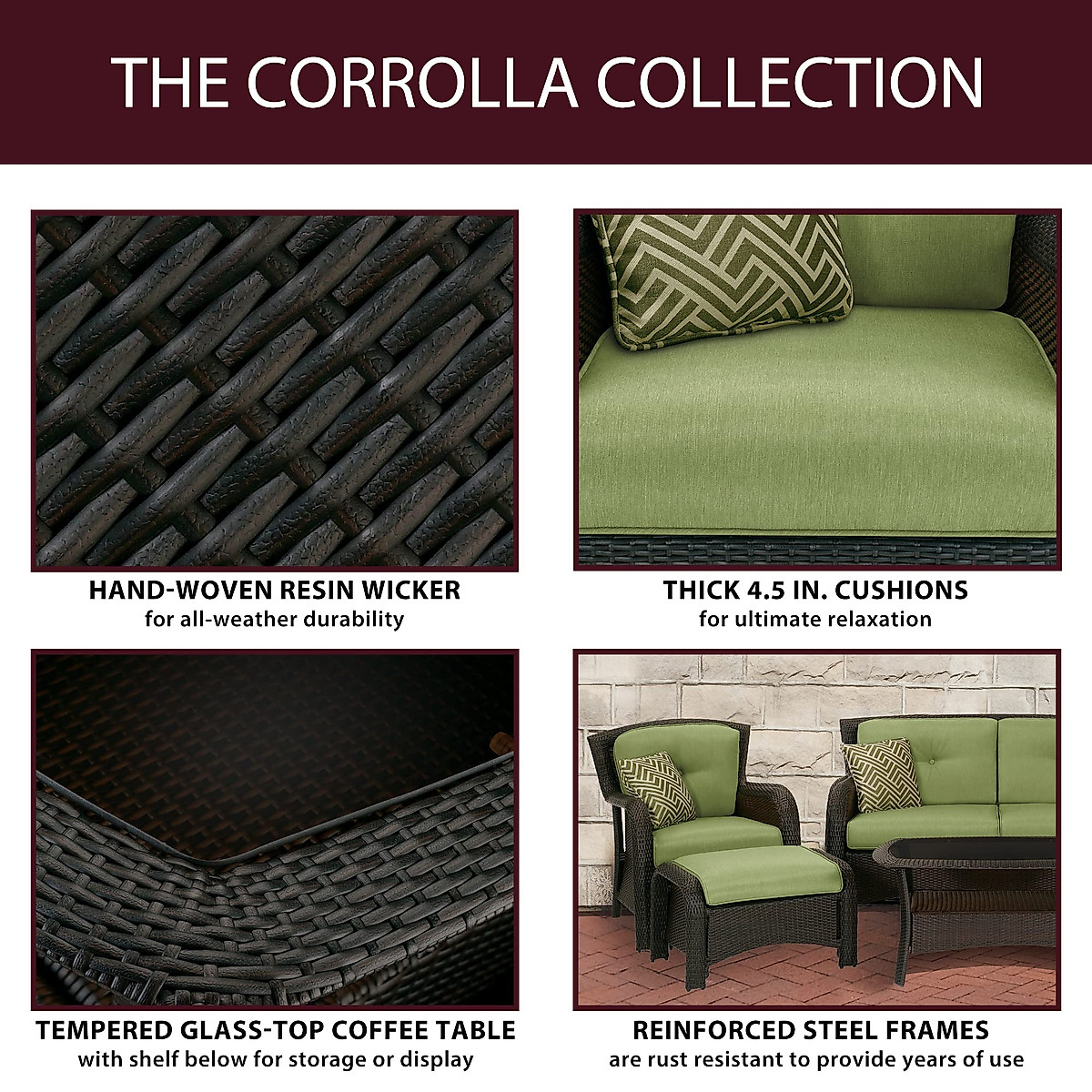 Cambridge Corrolla 6-Piece Outdoor Conversation Set, Modern Luxury Furniture for Patio, Deck, Sunroom, Loveseat, Coffee Table, 2 Chairs, 2 Ottomans, Plush Green Cushions, Patio Furniture Set