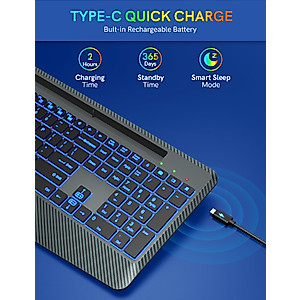 Trueque Wireless Keyboard with 7 Colored Backlits, Wrist Rest, Phone Holder, Rechargeable Ergonomic Computer Silent Keys, Full Size Lighted for Windows, MacBook, PC, Laptop (Gray), Grey