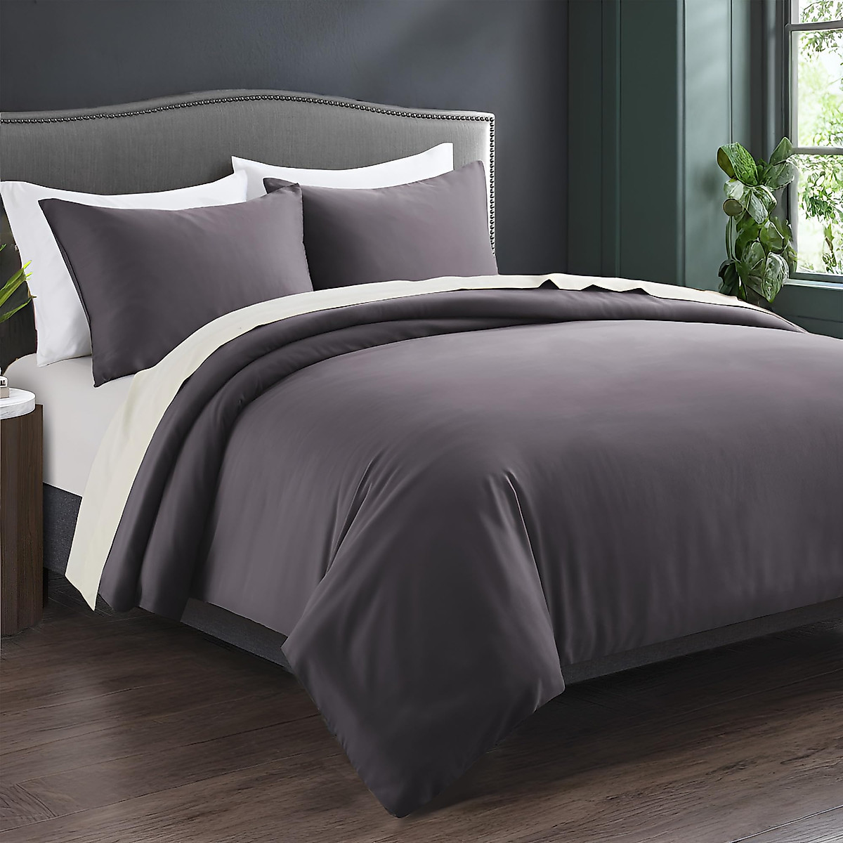 Dreamhood Queen/Full Size Viscose Derived from Bamboo Duvet Cover Set 1 Duvet Cover,2 Pillow Shams,Luxuriously Soft Cooling Smooth 3 Piece Set with 4 Corner Ties (Dark Grey,90"×90")