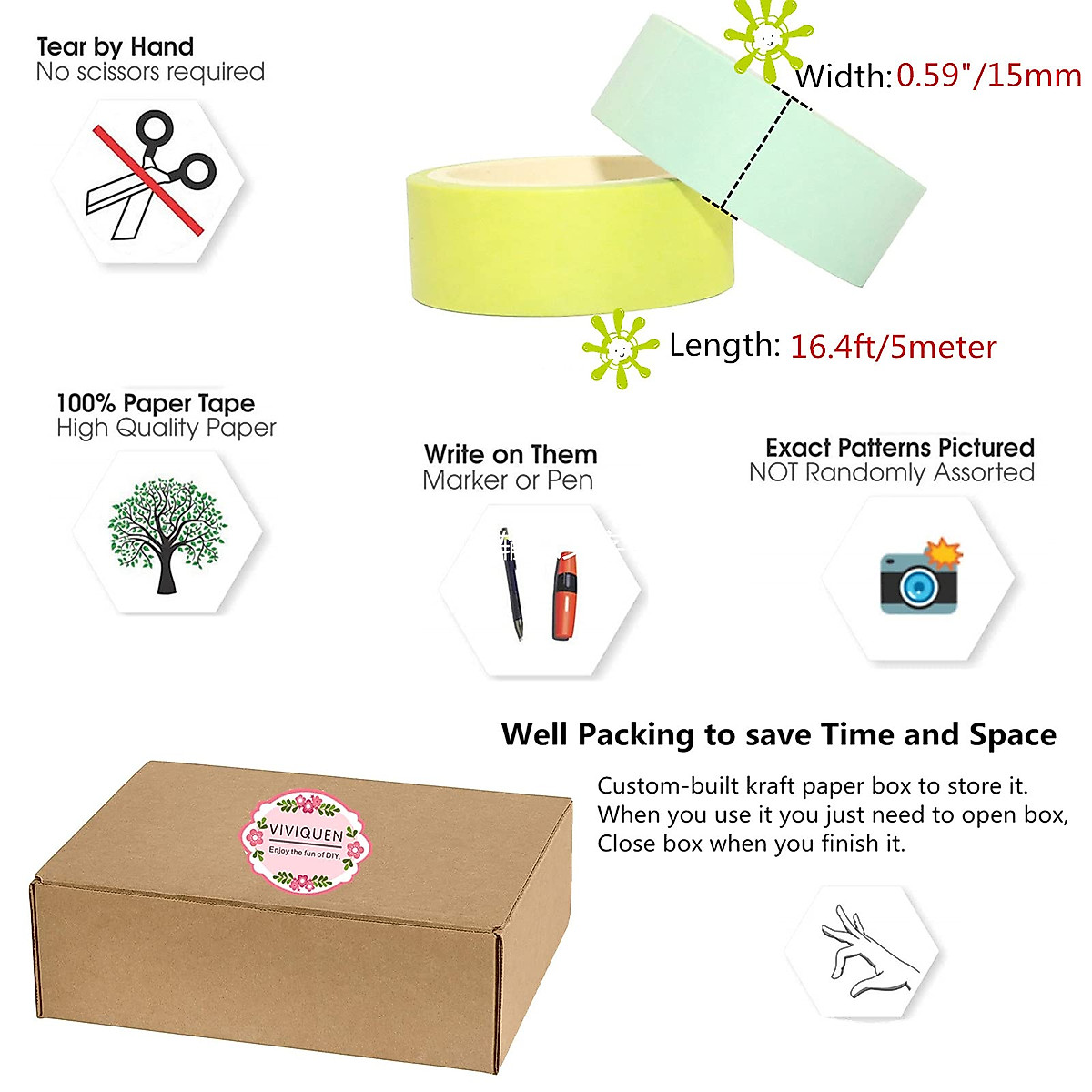 VIVIQUEN Washi Tape Set, 20 Rolls Colored Masking Tape, 15mm Rainbow Pastel Writable Colorful Washi Tapes for Painting, DIY Scrapbook Designs