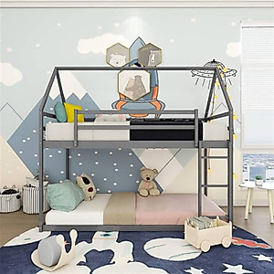 Twin Over Twin Low Bunk Bed, Wood House Bunk Bed Frame with Ladder, Guardrail and Roofs Floor Bunk Bed for Kids, Teens, Girls, Boys,Gray