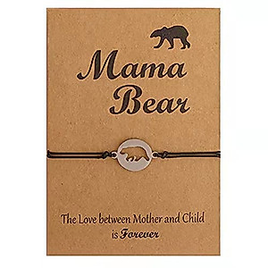 KunBead Women Mama Bear Leather Bracelet set for 2 Mother and Daughter Son Matching Wish Bracelets