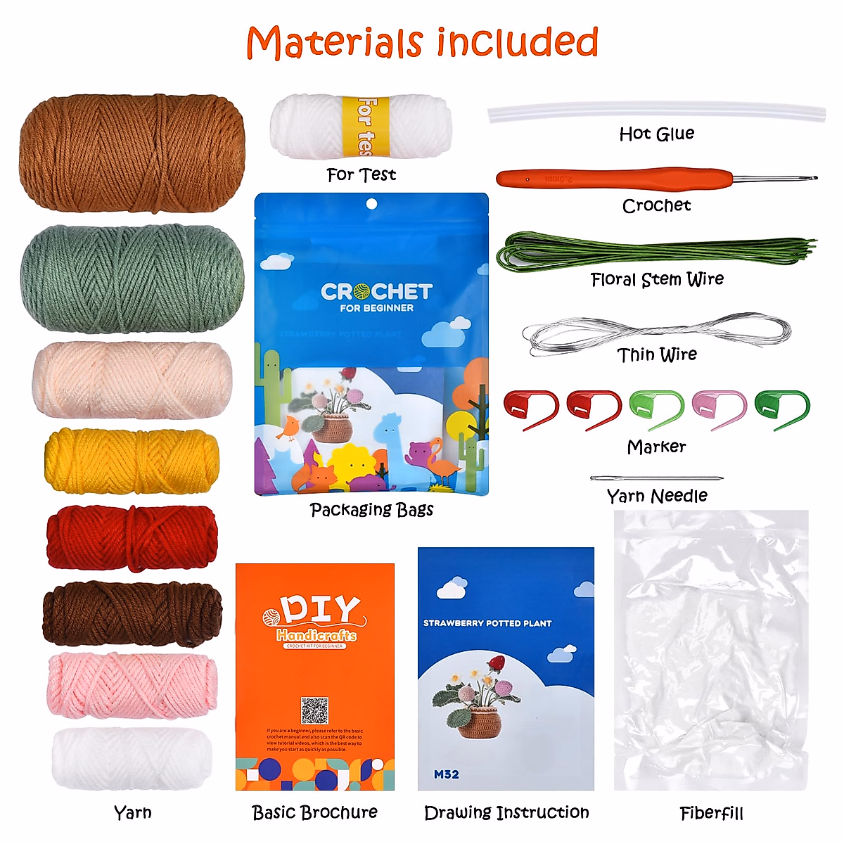 UEIEU Crochet Kit for Beginners - Flower Plants - Crochet Starter Kit，Suitable for Adults Learning Adult Beginner Crochet kit, Step by Step Video Tutorials (Strawberry Flower Potted Plants)