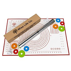 Rolling Pin And Silicone Baking Pastry Mat Set - Rolling Pins With Adjustable Thickness Rings - Stainless Steel Dough Roller For Baking Fondant, Pizza, Pie, Pastry, Pasta, Cookies With Red Mat