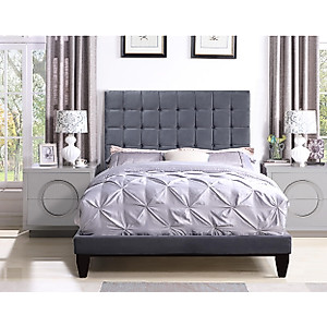 Iconic Home Beethoven Bed Frame with Headboard Velvet Upholstered Button Tufted Tapered Birch Legs Modern Transitional, Queen, Grey
