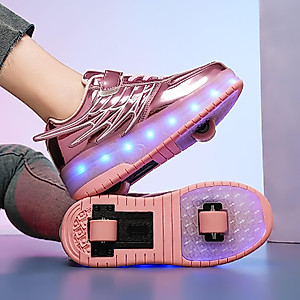 HOVERKICKES LED Roller Skate Shoes for Kids Boys Girls Light Up Roller Sneakers with Detachable Wheels Rechargeable Flashing Wheeled Shoes Pink