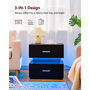 WEENFON Night Stands, LED nightstand with Charging Station, Bedside Table with 2 Wider and Deeper Drawers, Nightstand, Modern Design, End Side Table, Black