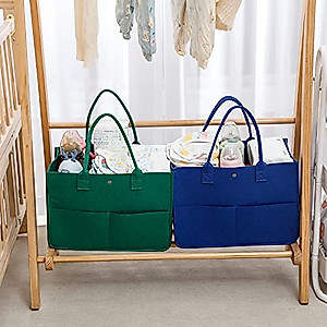 Yesesion 2 Pack Portable Fabric Storage Basket with Handle, Collapsible Nursery Caddy Organizer for Baby Diaper, Bottle, Books, Magazine, Clothes, Toys, Paper File, Camping Use (Large - Blue/Green)