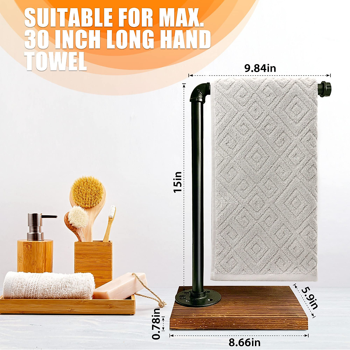 YESSAP 15'' Hand Towel Holder, L Shaped Towel Holder Stand with Weighted Base, Black Hand Towel Stand for Bathroom Kitchen Countertop