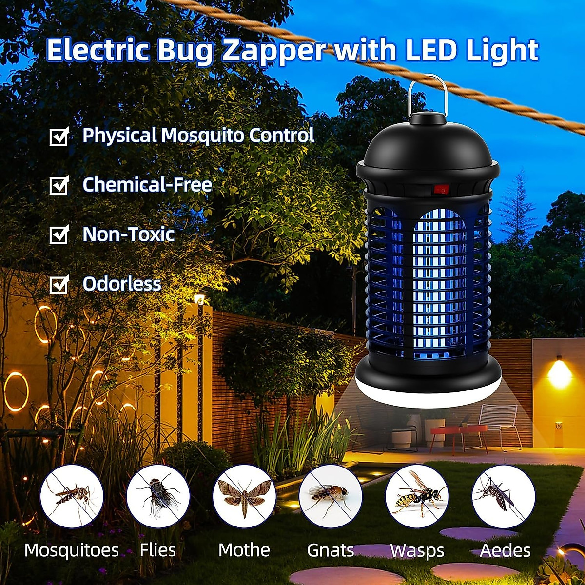 Jawlark Bug Zapper Outdoor with LED Light, 4200V Electric Mosquito Zapper, Insect Fly Zapper Outdoor Indoor, 5ft Power Cord, IPX6 Waterproof, Plug in Mosquito Killer for Patio Yard Home, Black