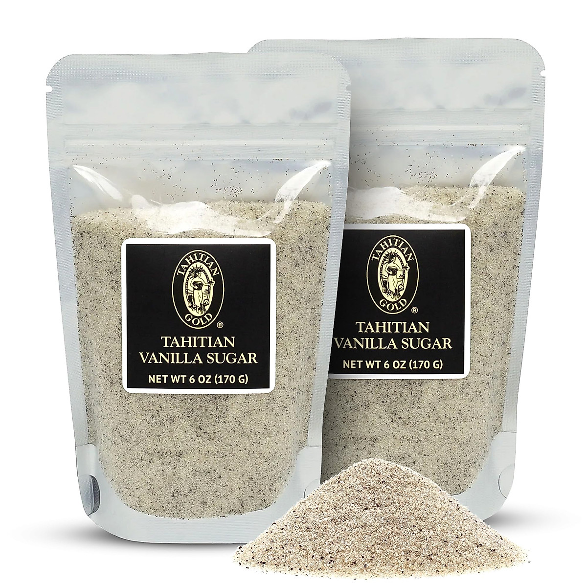 Tahitian Gold, Premium Tahitian Vanilla Sugar [Pack of 2], Tahitian Ground Vanilla Beans Aged in Organic Cane Sugar, Perfect for Coffee, Tea, Baking, Margarita Rim, and More (6 oz Pouch, 2 Pack)