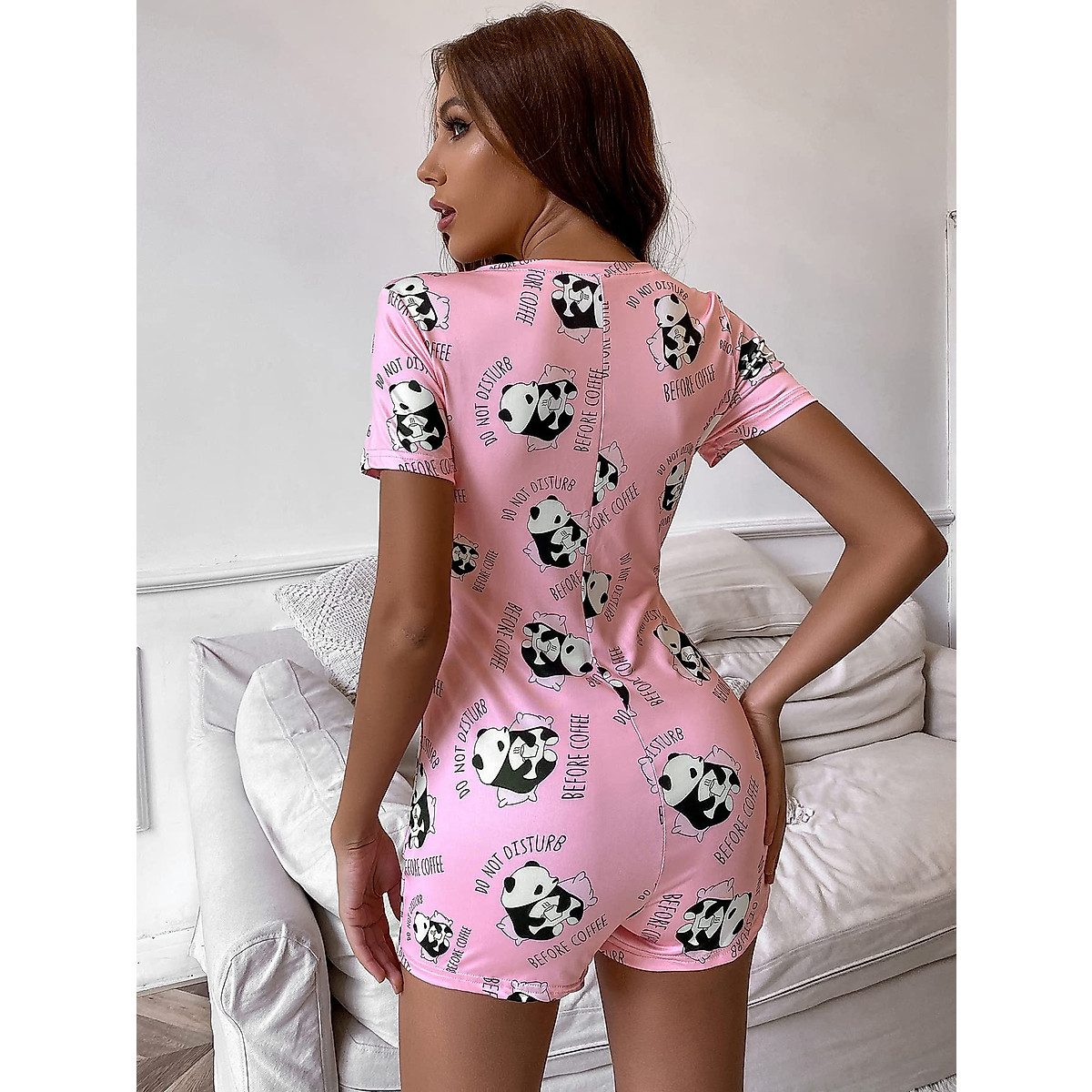 WDIRARA Women's Deep V Neck Long Sleeve Cartoon One Piece Pajamas Rompers Onesies Panda Print Pink M