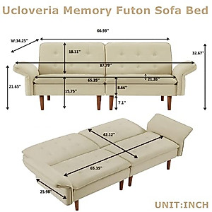 Ucloveria Futon Sofa Bed, Linen Fabric Memory Foam Sleeper Sofa Couch, Modern Convertible Loveseat for Compact Living Spaces, Studio, Apartment, Dorm, Guest Room, Home Office, 67" Beige
