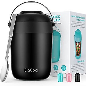 DaCool Kids Thermos with Handle Spoon for Hot Cold Food 16 OZ Insulated Food Jar Food Thermos for Lunch Soup Leakproof Vacuum Stainless Steel Keep Food Warm Thermal Container for School Travel, Black
