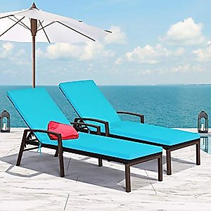 Tangkula 2 PCS Patio Rattan Chaise Lounge Chair, Outdoor Reclining Chaise with Cushion and Armrest, Wicker Sun Lounger with Adjustable Backrest for Garden, Balcony, Poolside (Turquoise)