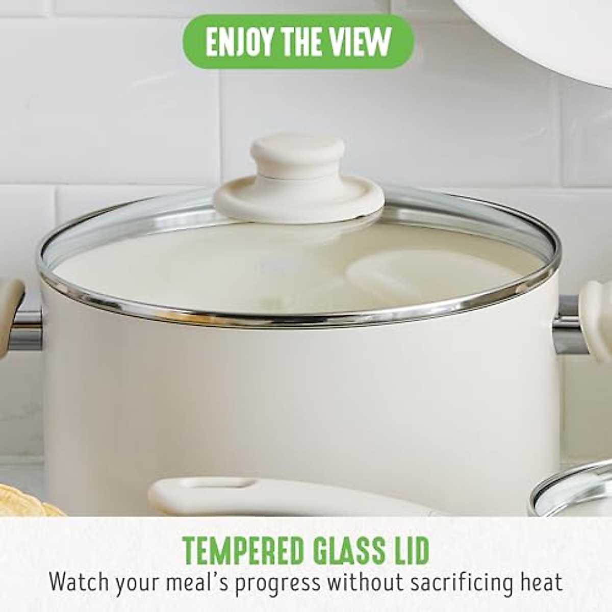 GreenLife Soft Grip 8 Piece Cookware Set, Non-Toxic PFAS-Free Ceramic Nonstick, Frying, Sauce, Sauté, Utensils, Glass Lids, Stay-Cool Handles, Wobble Free, Dishwasher & Oven Safe, Cream White