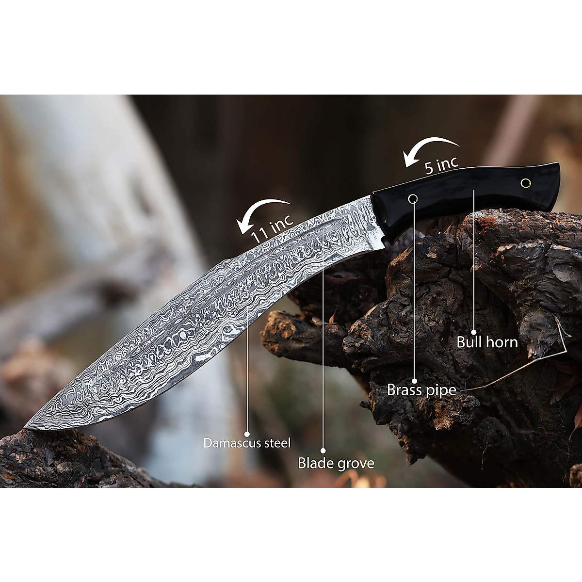 12.5 Inch long Hunting knife, Collectible knife, Natural Camel bone scale embellished with engraved brass finger guard, foil work spacer and pommel, Hand forged Twist pattern Damascus steel blade, Comes with Leather sheath