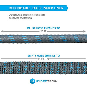 HydroTech 25 ft Expandable Garden Hose - Burst Proof & Lightweight, Flexible Water Hose with Durable Reinfordced Latex Core & Solid Brass Fittings for Lawn, Garden, Car Washing