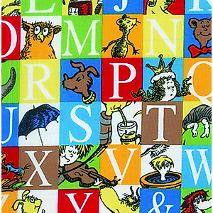 Alphabet Seuss Squares Fitted Crib Sheet-Alphabet Squares Print Cotton; Blue, Yellow, Green, Red, Brown, White; Fully Elasticized; 8 in Deep Pockets; Fits Standard Crib Mattress 28 in x52 in