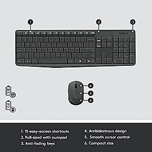 Logitech MK235 Wireless Keyboard and Mouse Combo for Windows, 2.4 GHz Wireless Unifying USB Receiver, 15 FN Keys, Long Battery Life, Compatible with PC, Laptop