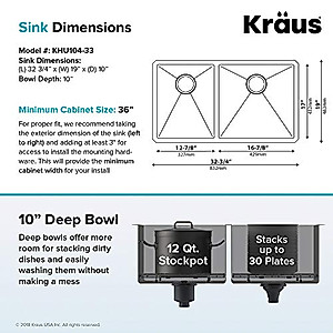KRAUS Standart PRO 33-inch 16 Gauge Undermount 60/40 Double Bowl Stainless Steel Kitchen Sink, KHU104-33