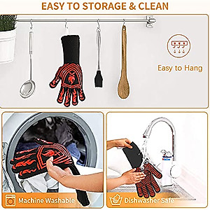BBQ Gloves, 1472°F Heat Resistant Grilling Gloves, Silicone Non-Slip Oven Mitts, Extreme Long Forearm Protection Fireproof Cut Resistant Gloves for Cooking, Frying, Baking, Welding, Cutting, 14 Inch