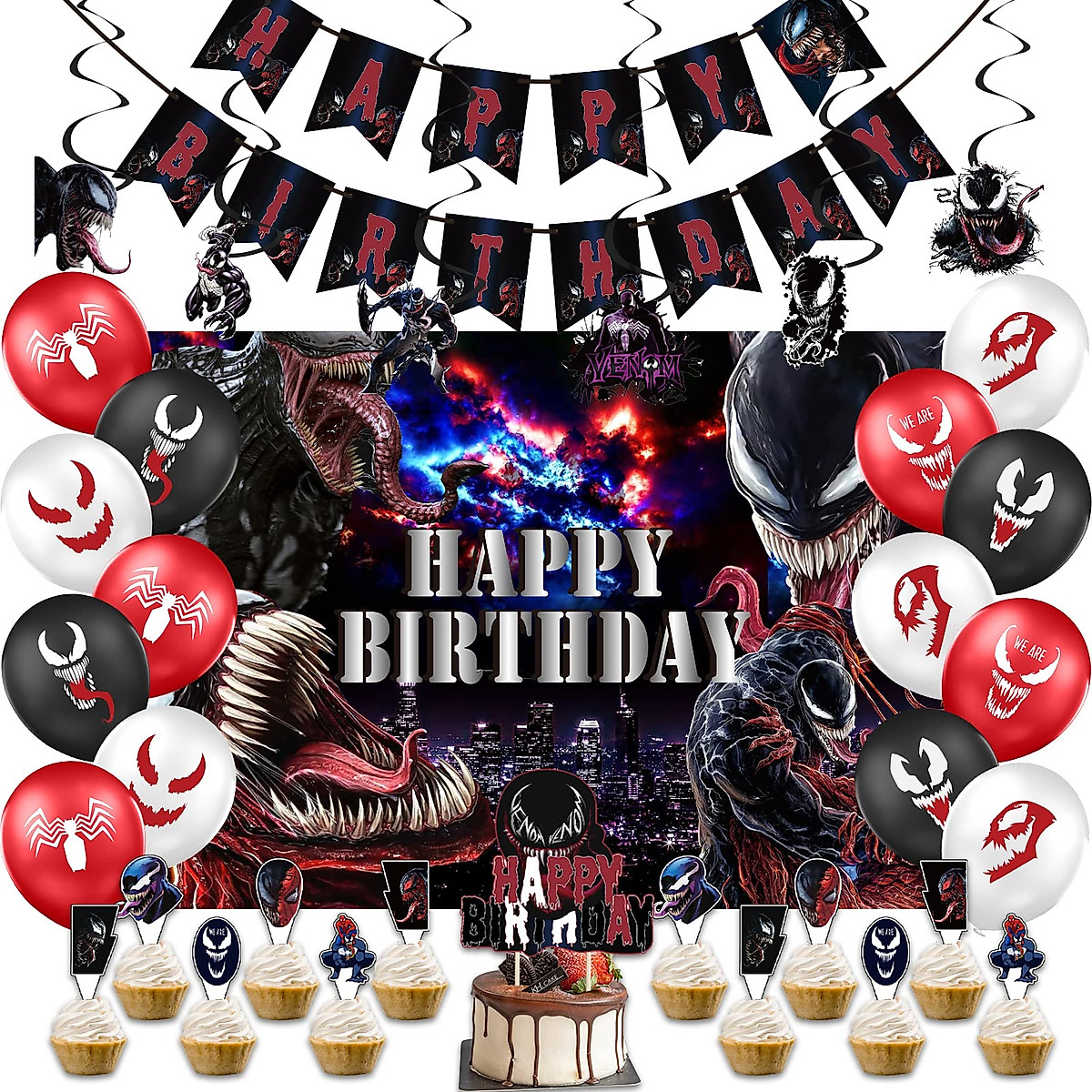 XIAMIE 51Pcs Venom Birthday Party Supplies Set, 5*3ft Backdrop, 12 inch Latex Balloons, Cupcake, Cake Topper, Hanging Swirls, Happy Birthday Banner Venom Themed Birthday Party Supplies Decorations