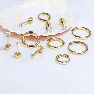 DAILI Women’s Earring Sets for Multiple Piercing: 14K Gold Plated Small Hoop Earrings Tiny Flat Back Stud Earrings for Cartilage Helix Hypoallergenic Set of 6 Pairs (Gold)