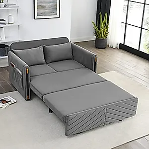 HomSof Modern Convertible Detachable Arm Pockets Velvet Loveseat Sofa with Pull Out Bed, 2 Pillows and Living Room Adjustable Backrest, Grid Design Armrests, Style D, Grey