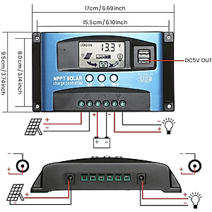 100A MPPT Solar Charge Controller 12v/24v Current Auto Focus MPPT Tracking Charge with LCD Display Dual USB Solar Regulator Charge Controller Multiple Load Control Modes