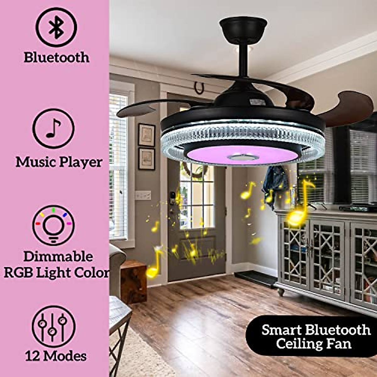 LUOLAX 42in Fandelier Ceiling Fan with Lights and Bluetooth Speaker,Modern Crystal Chandelier LED Fan 6 Speeds Fans Music with Remote Control Modern Crystal Invisible Blades with Silent Motor