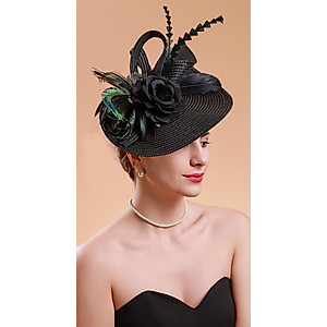 Cizoe Tea Party Hats Fascinators for Women Kentucky Derby Headpiece Peacock Feather Wedding Headware Bridal Headpiece(Black)