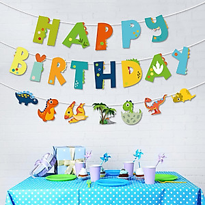 BIEUFBJI Dinosaur Birthday Banner - Dinosaur Theme Birthday Party Decoration Supplies, Indoor Outdoor Hanging Décor Party Ornaments, Set for Kids Birthday Parties