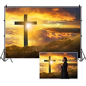 DORCEV 7x5ft Jesus Christ Cross Sunrise Photography Backdrop Mountain Top Sunset Glow Sky Background Holy Light Jesus Resurrection Christian Church Wallpaper Decor Props
