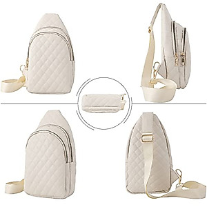 EMBRUNIOICE PU Leather Sling Bag for Women Quilted Crossbody Sling Backpack for Cycling Hiking Travel（Cream）
