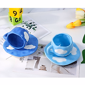 Noviko Cloud Cup with Saucer Blue Coffee Mug Latte Cup Cute Teacup and Saucer, Dishwasher and Microwave Safe, 10 oz