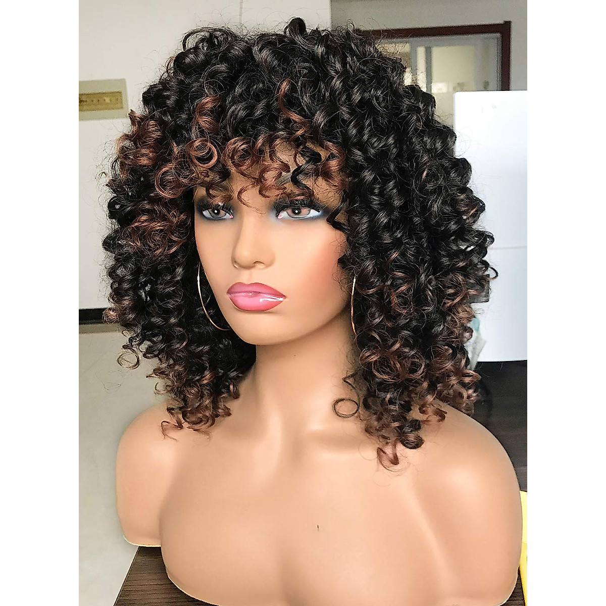 PRETTIEST Afro Curly Wigs Black with Warm Brown Highlights Wigs with Bangs for Black Women Natural Looking for Daily Wear (Ombre Brown)
